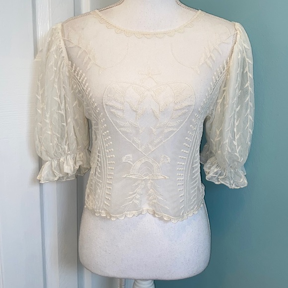 Zara | Tops | Zara White Embroidered Mesh Long Sleeve Crop Heart Top ...